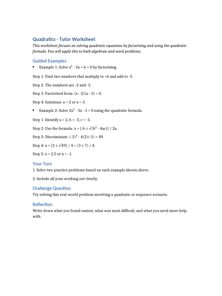 Quadratics Tutor Worksheet | PDF