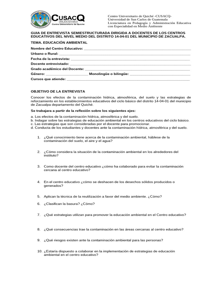 Guía Entrevista Semiestructurada 1 | PDF | Contaminación | Maestros