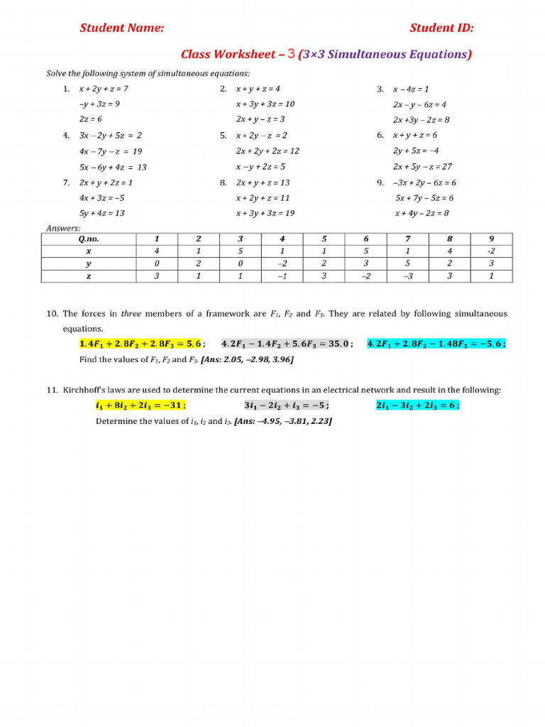 3 - Worksheet (Simultaneous Equations 3X3) | PDF