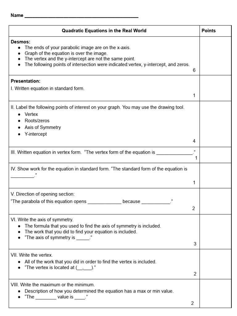 Savir Doodam - Quadratic Equations in The Real World Project Rubric ...