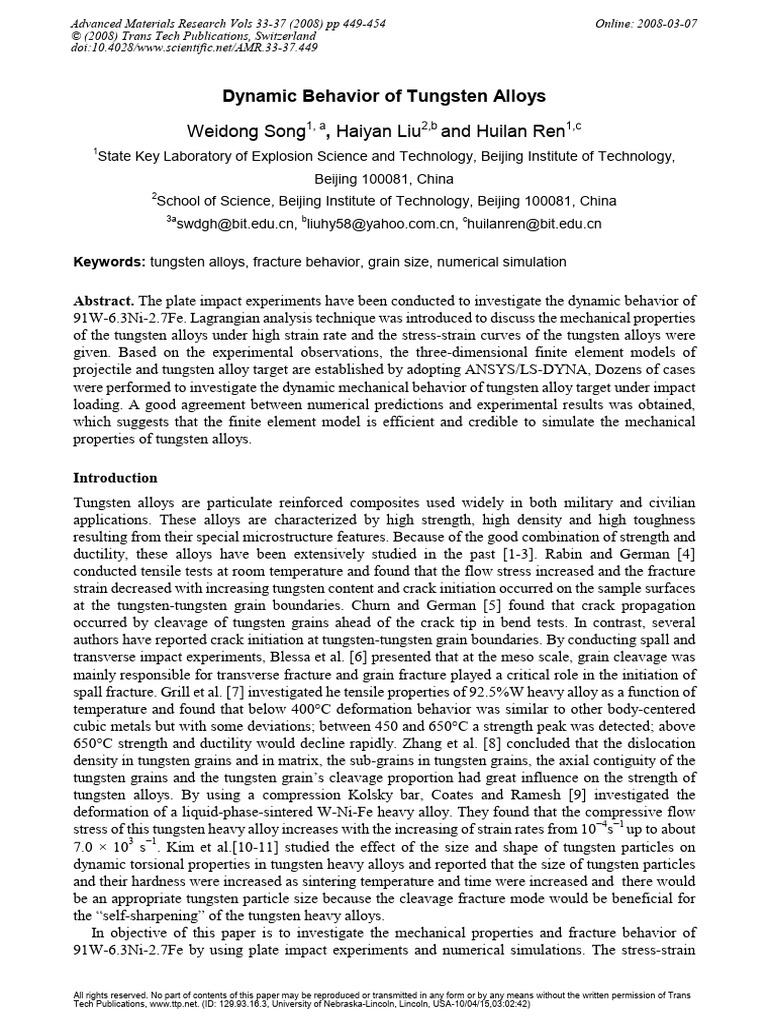 Dynamic Behavior of Tungsten Alloys | PDF | Fracture | Fracture Mechanics