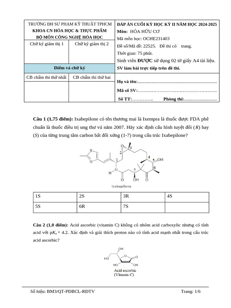 Đáp Án Cuoi Ky Hoa Huu Co Hkii 2024-2025 | PDF
