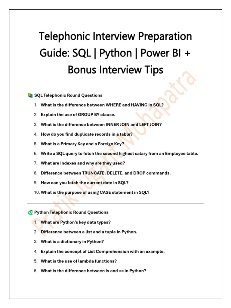 Telephonic Interview Preparation Guide | PDF | Sql | Python (Programming Language)