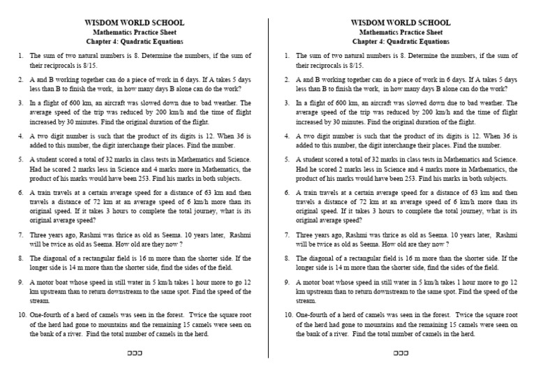 Chapter-4 (Quadratic Equation) | PDF | Speed | Mathematics