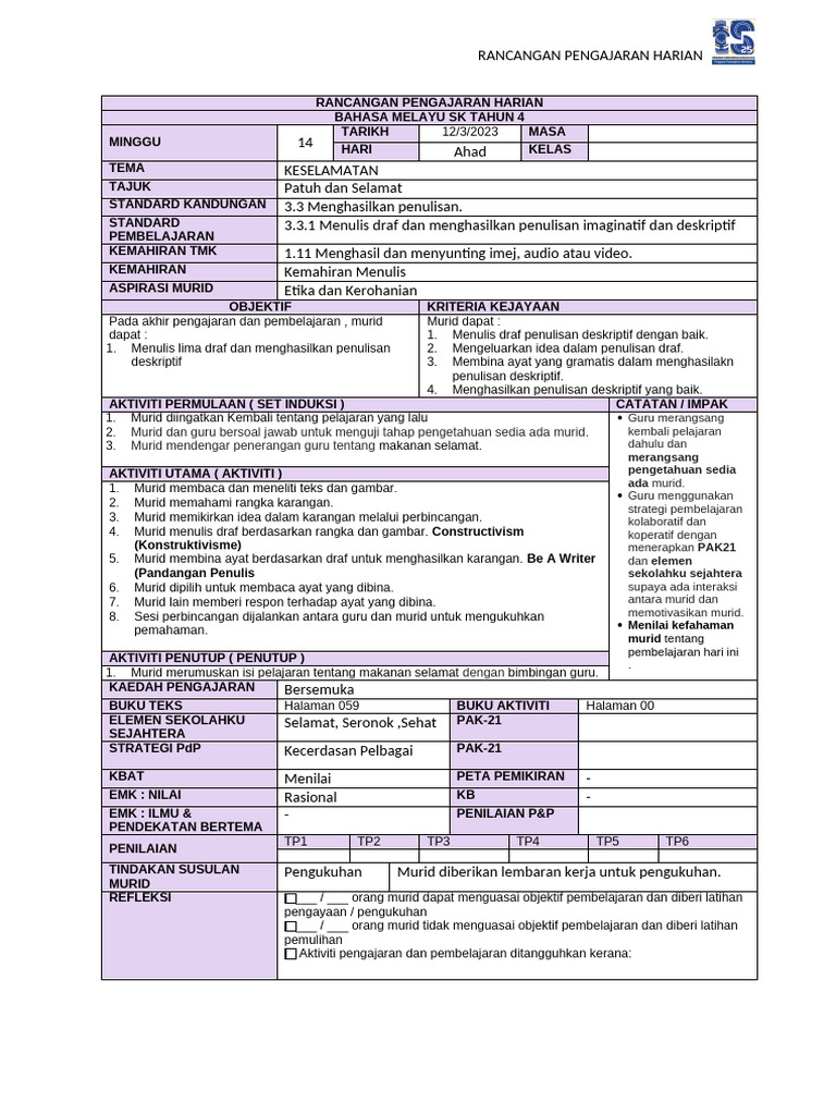 RPH Minggu 14 BM SK THN 4 2023 by Cikgu Gorgeous | PDF