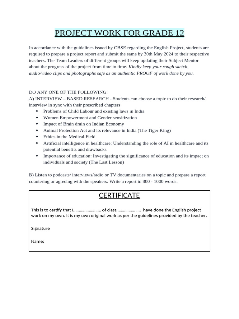 Project Work Grade 12 | PDF