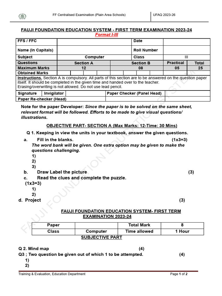 Format Question Paper Computer Class I-III | PDF