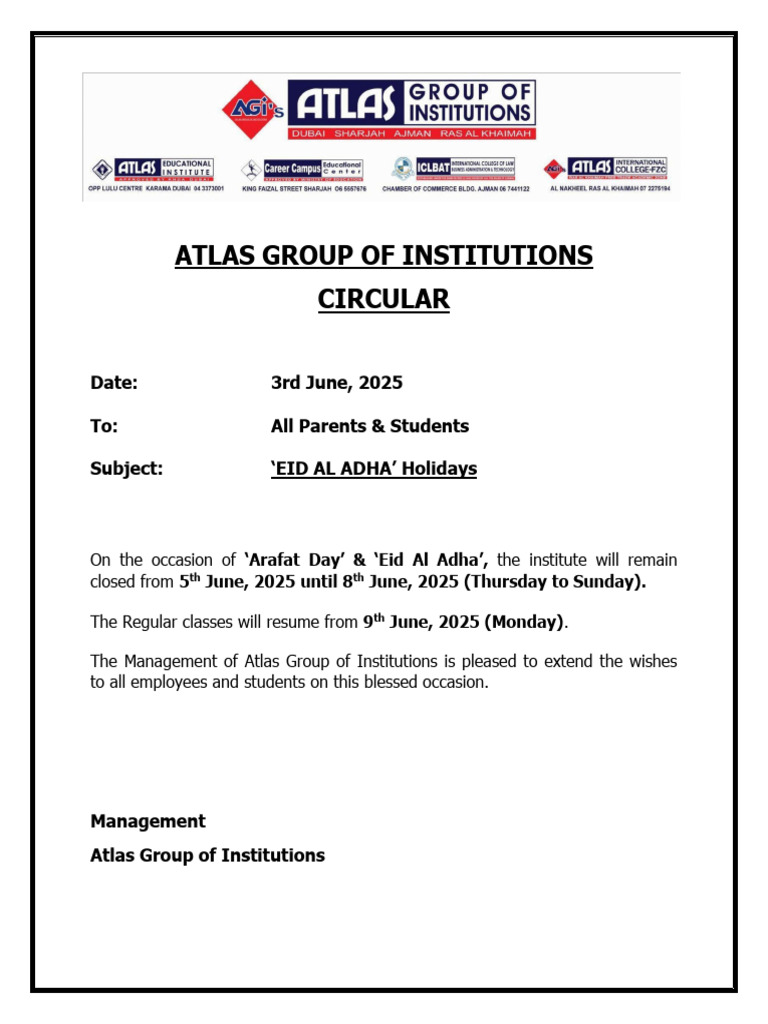 Eid Al Adha 2025 - Holiday Circular 01 | PDF