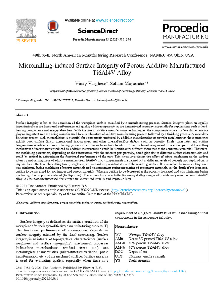 Micromilling-Induced Surface Integrity of Porous Additive Manufactured Ti6Al4V Alloy | PDF ...