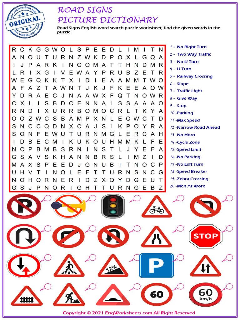 Road Signs English Word Search Puzzle Worksheet Find The Given Words in ...