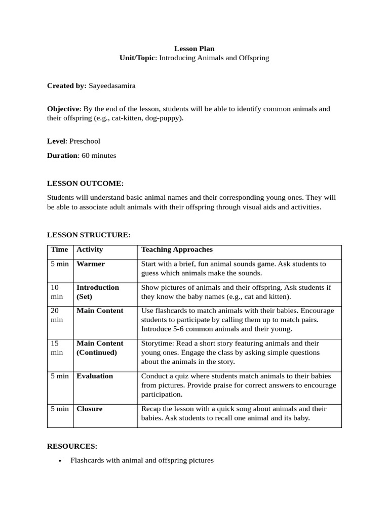 Lesson Plan - Introducing Animals and Offspring - Sayeedasamira | PDF