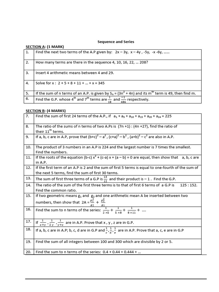CBSE Class 11 Mathematics Worksheet - Sequences and Series | PDF