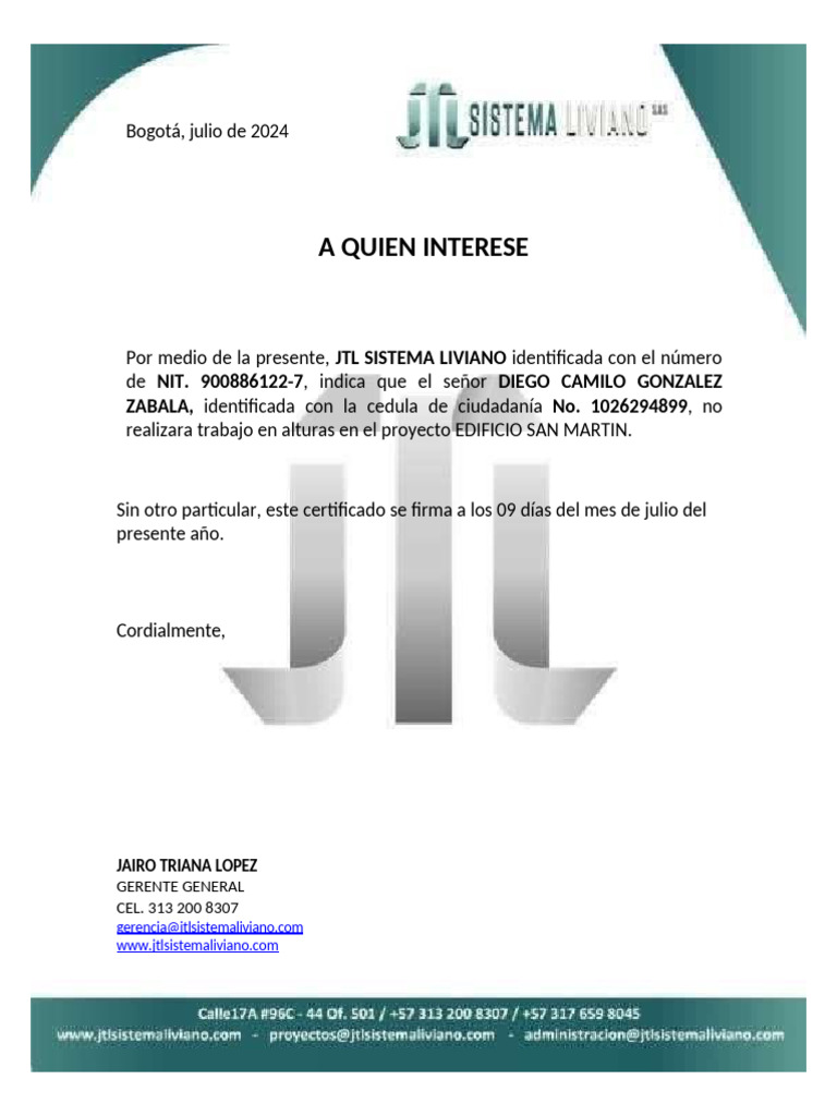 Carta de No Trabajo en Alturas | PDF