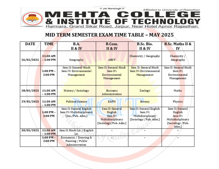 Updated Time Table Mid Term Exam May 2025 | PDF