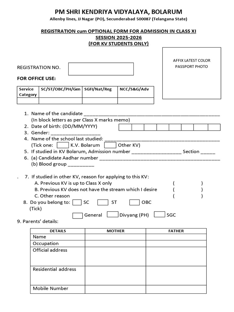 Optinal Form For Class XI 2025-26 | PDF
