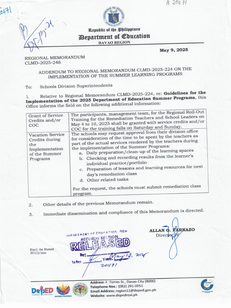 Rm Clmd 2025 248 Addendum to Regional Memorandum Clmd 2025 224 on the ...
