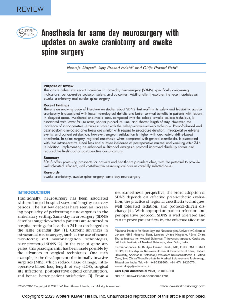 Anesthesia For Same Day Neurosurgery With Updates.117 | PDF ...