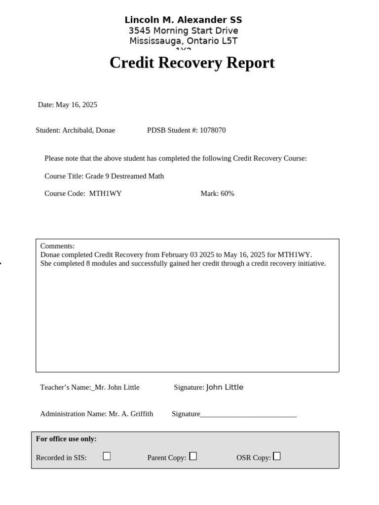 Credit Recovery Report for Donae Archibald | PDF