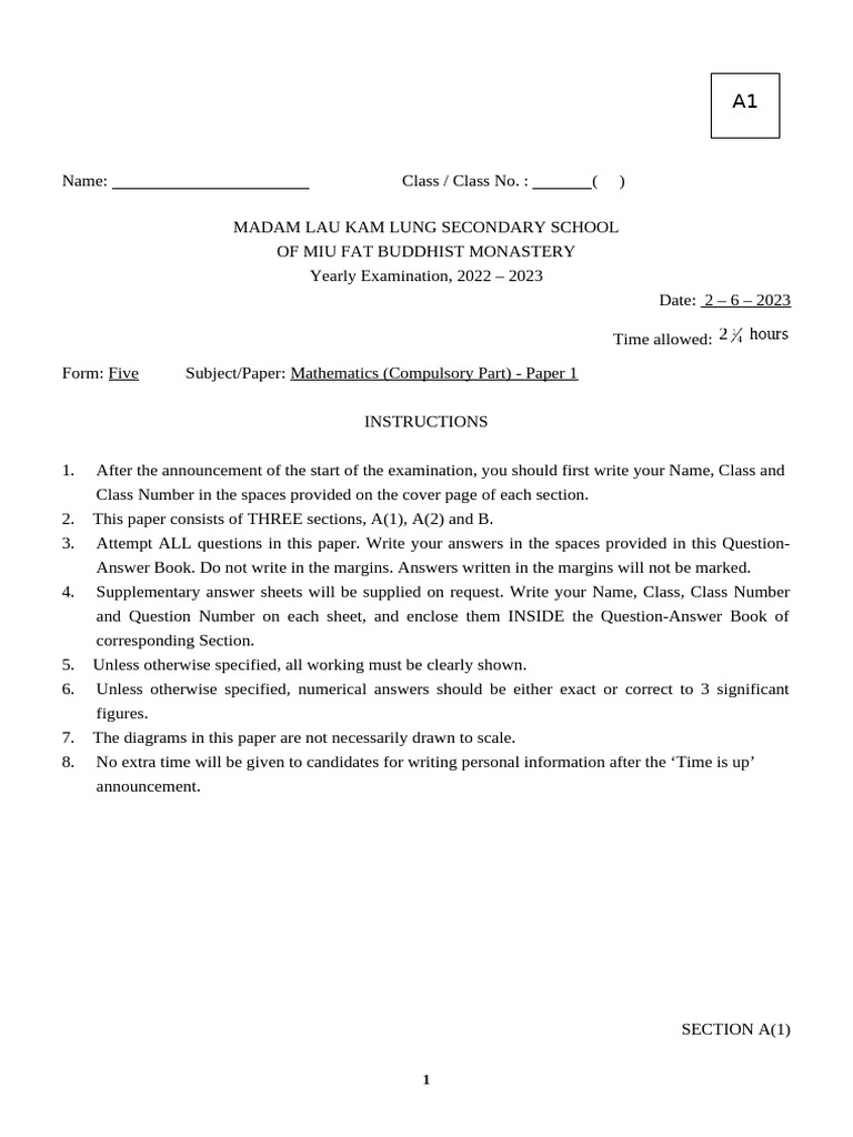 2022-2023 F5 MAT Yearly Exam Paper 1 (Question) | PDF | Area | Geometric Shapes