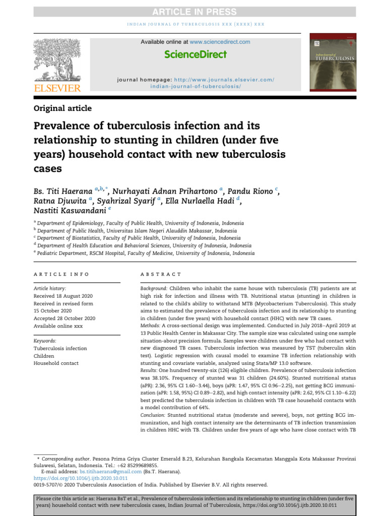 Prevalence of Tuberculosis Infection and Its Relationship To Stunting ...