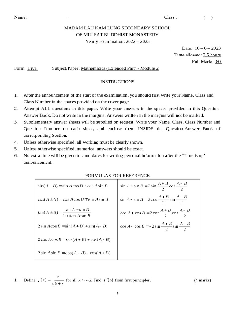 2022-2023 F5 M2 Yearly Exam (Questions) | PDF | Cartesian Coordinate ...