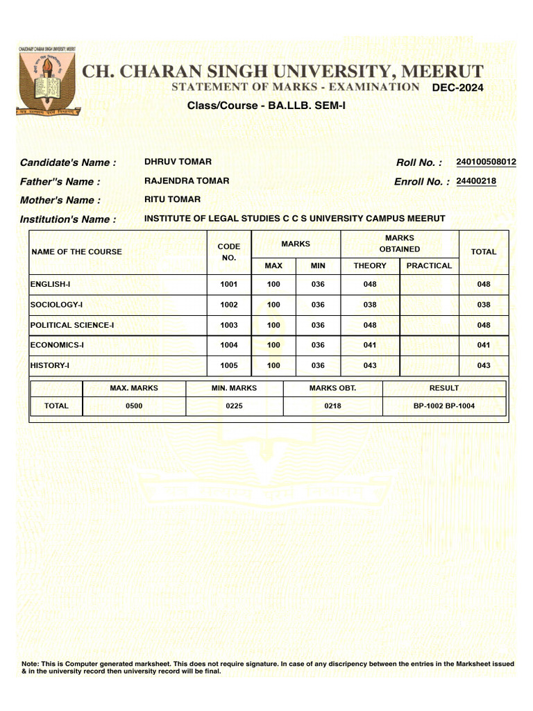 BA.LLB Semester I Marksheet 2024 | PDF