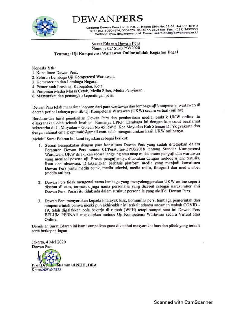Surat Edaran Dewan Pers Tentang UKW Onli 20200504125837 | PDF