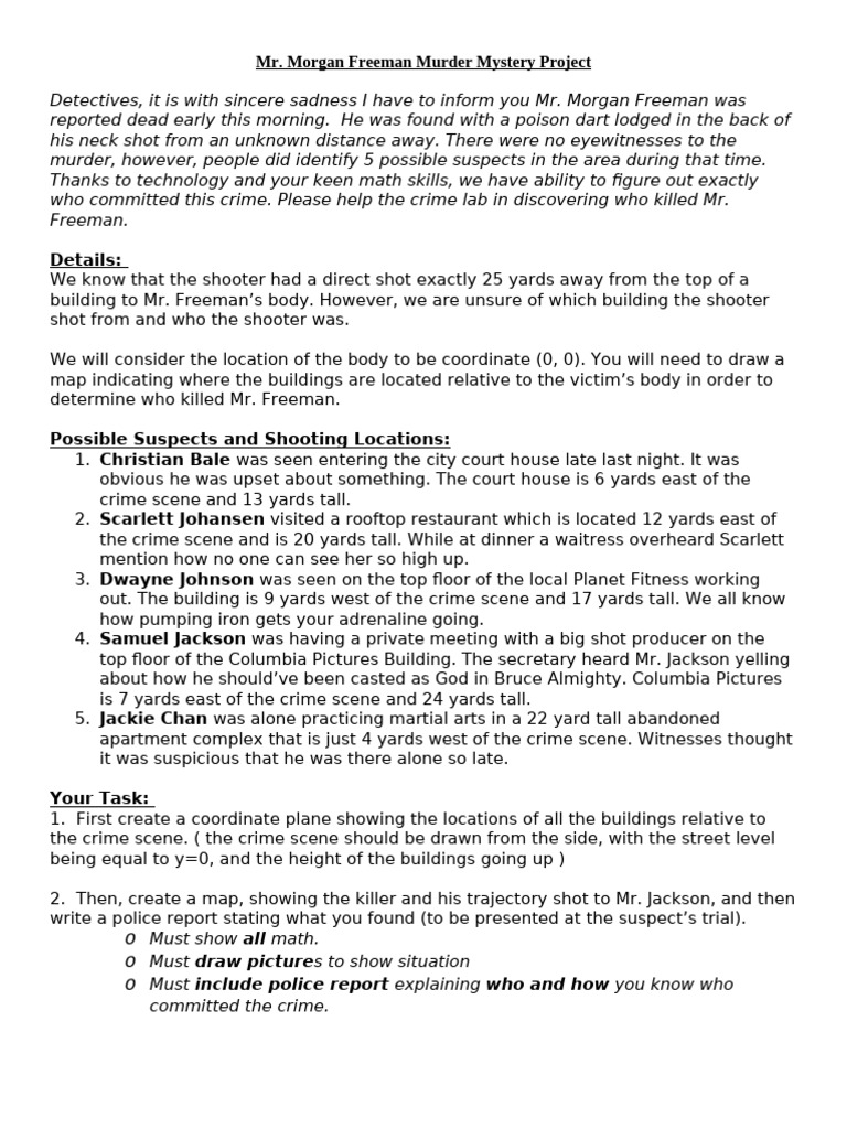 Details:: Mr. Morgan Freeman Murder Mystery Project | PDF