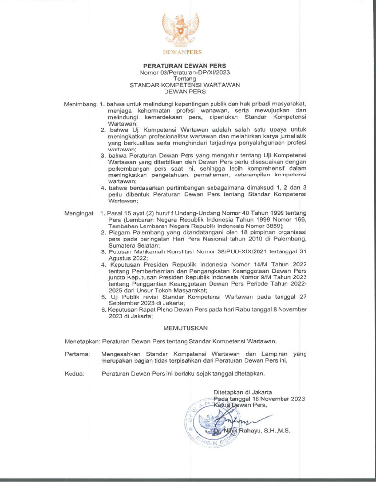 03 SK Peraturan Dewan Pers Tentang SKW 2023 | PDF