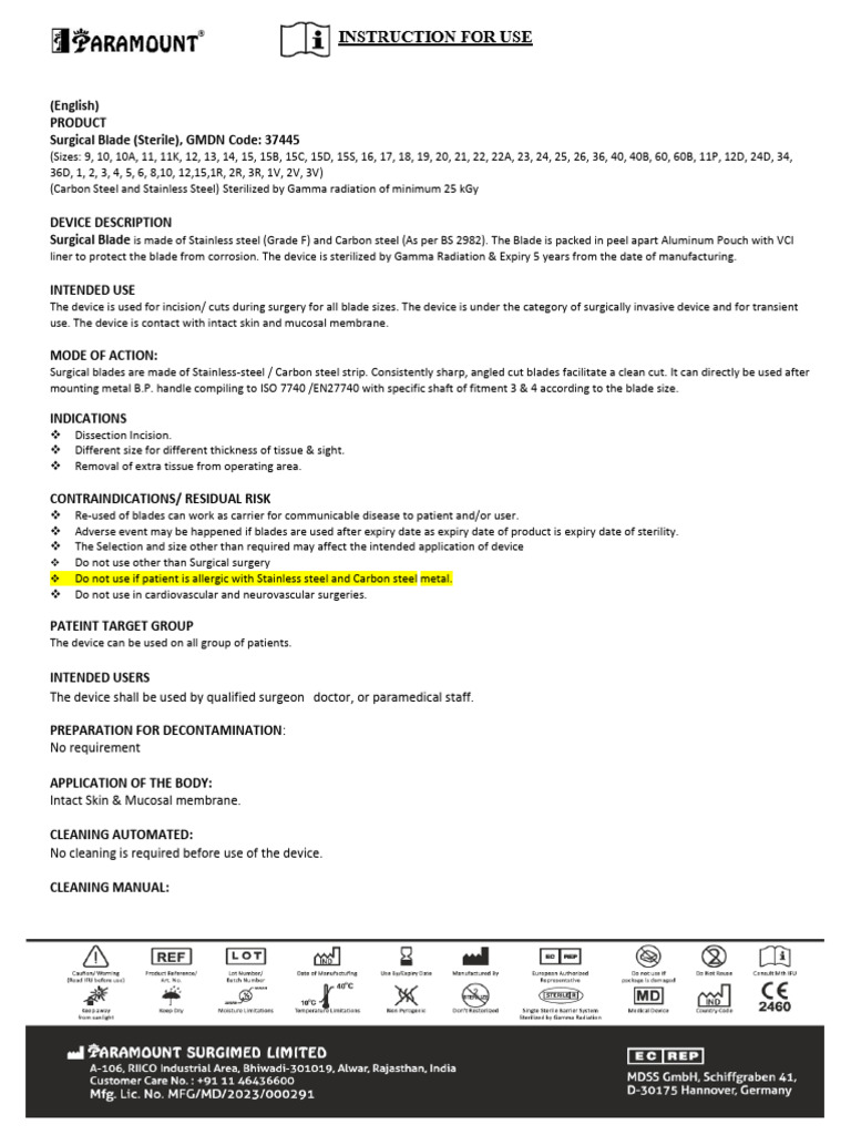 16 1 IFU Surgical Blade Sterile Final Revised 04-10-2024 1 | PDF | Surgery