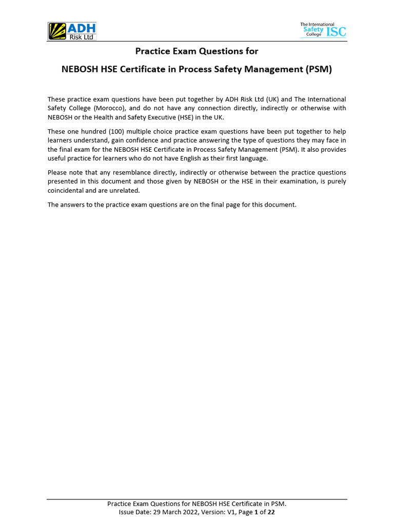 Practice Exam Questions For NEBOSH HSE Certificate in PSM, V1 | PDF ...