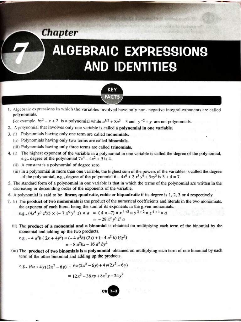 Class VIII IITF Chapter 7 Algebric Expressions and Identities | PDF