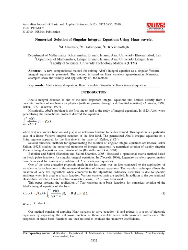 Numerical Solution Of Singular Integral Equations Using Haar Wavelet Pdf Integral Equation