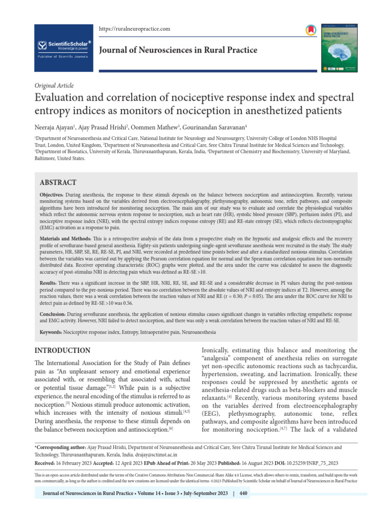 Nociception Monitoring in Anesthesia | PDF | Pain | Anesthesia