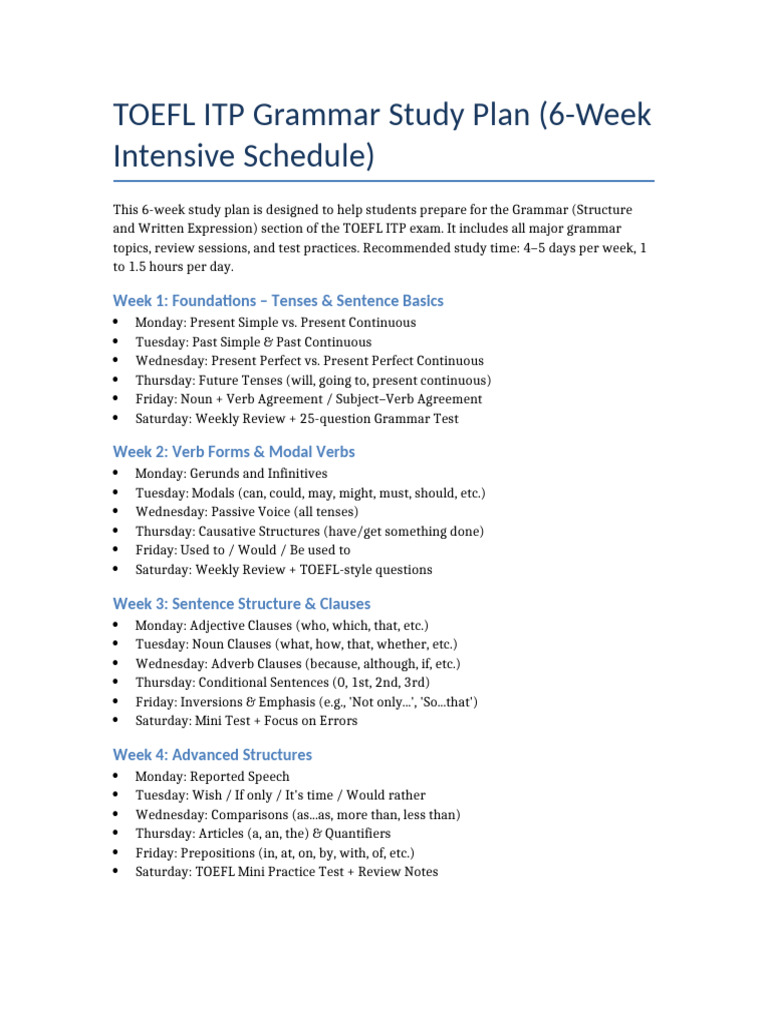 TOEFL ITP Grammar Study Plan 6 Weeks | PDF