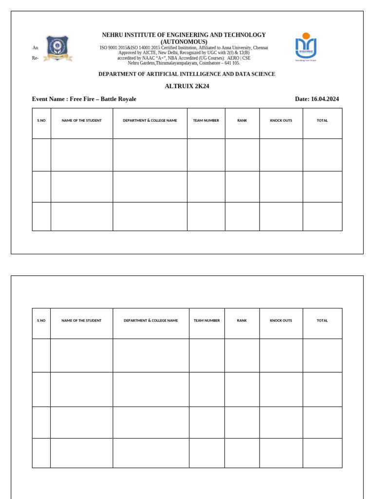 Free Fire Score Sheet | PDF