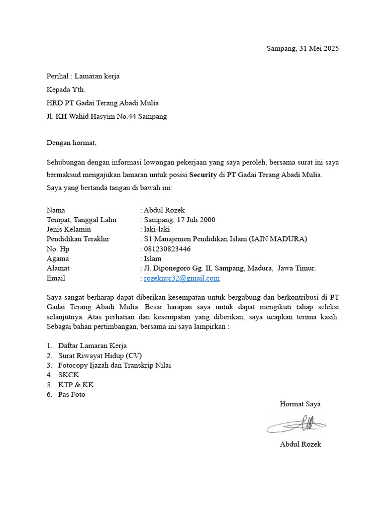 Surat Lamaran Kerja Security | PDF