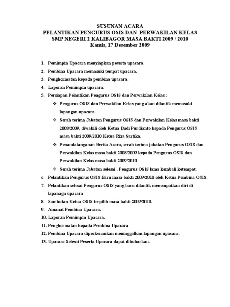 SUSUNAN ACARA Pelantikan Osis 0910 | PDF SUSUNAN ACARA Pelantikan Osis 0910 | PDF