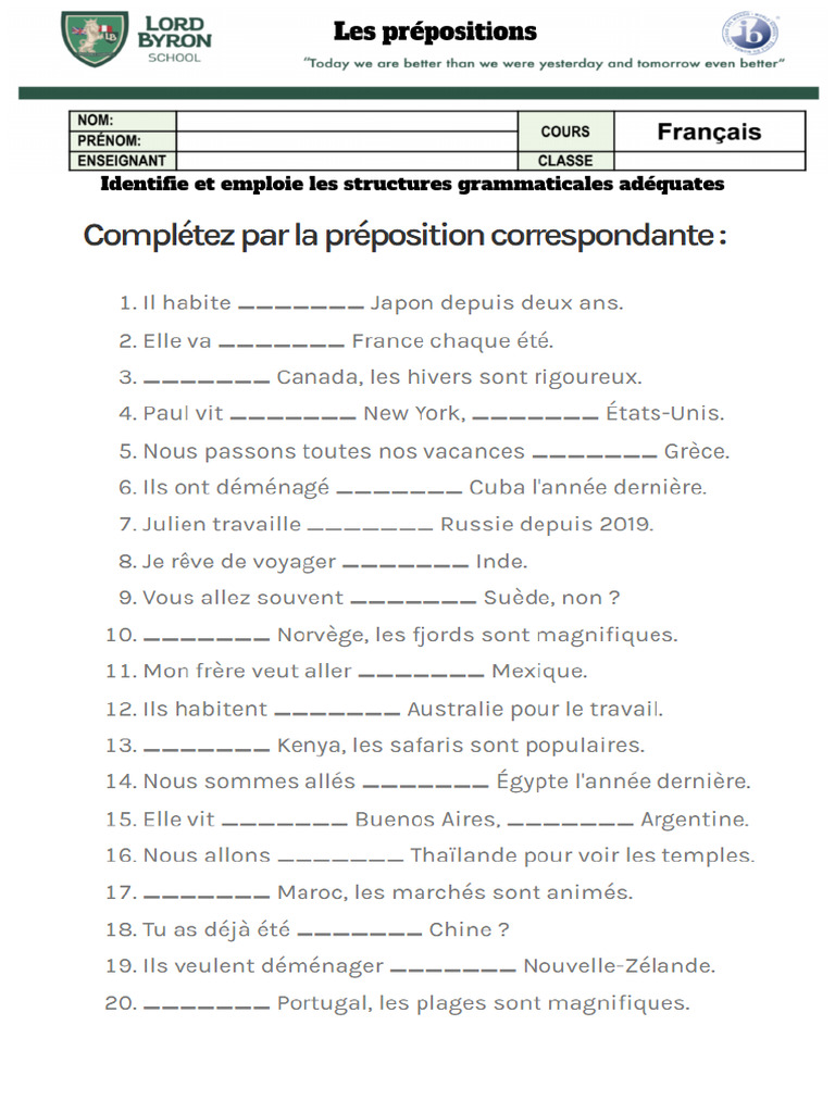 Fiches Prépositions Devant Les Pays | PDF