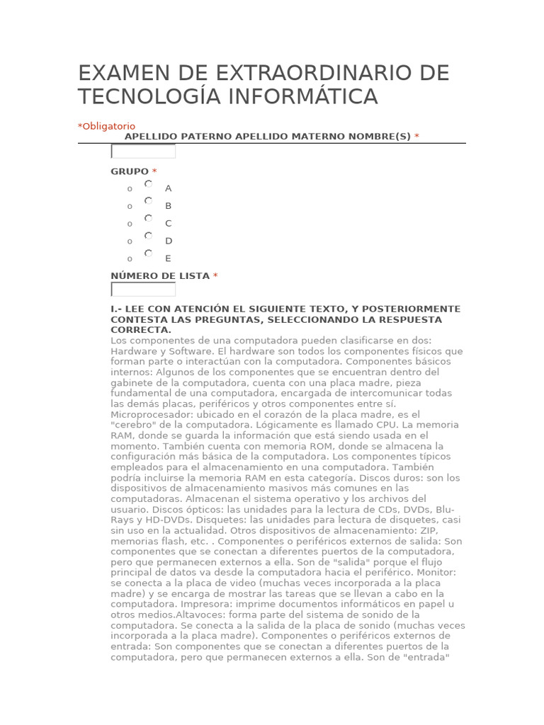 Examen de Extraordinario de Tecnología Informática | PDF | Periférico | Hardware de la computadora