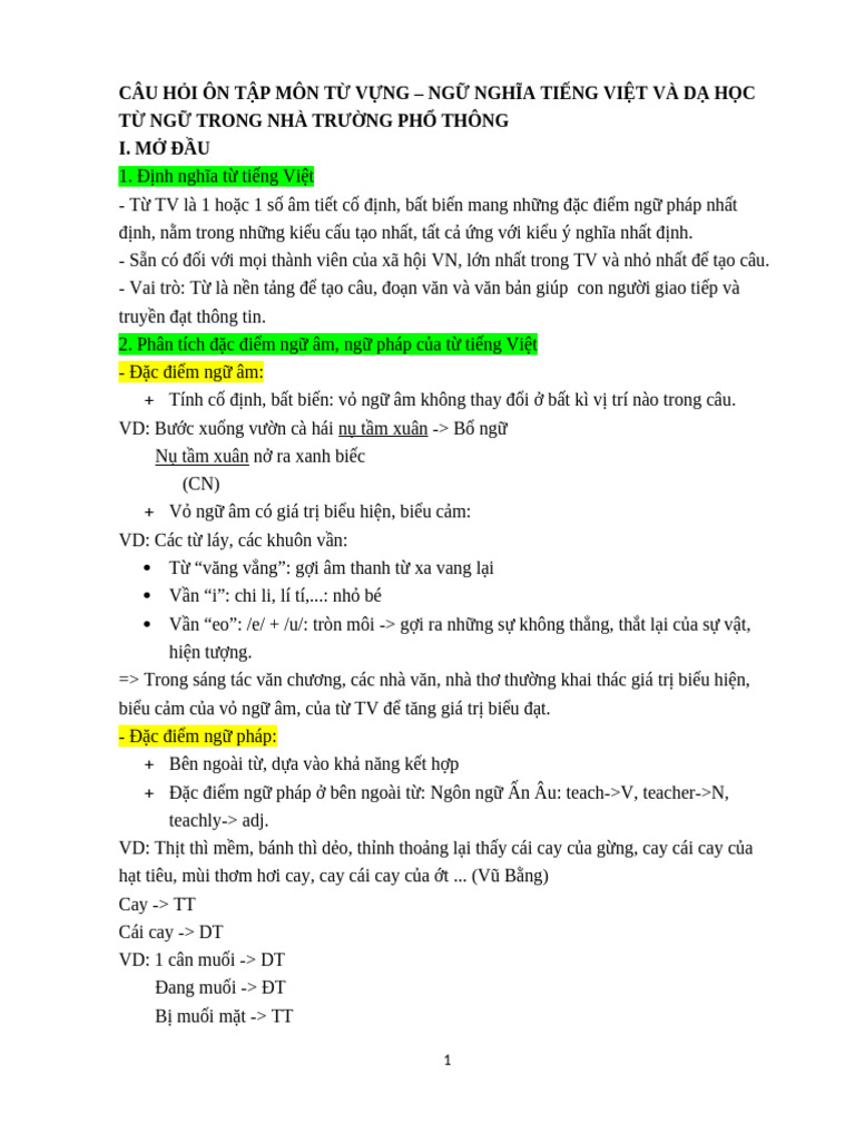 Ôn Tập Môn Từ Vựng_k49 | PDF