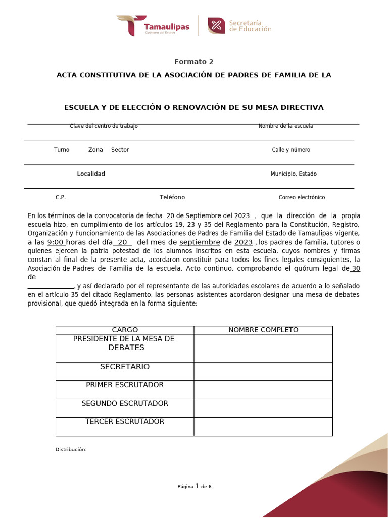 Subir3 Formato Acta Constitutiva Apf 2023 2024 | PDF | Correo | Gobierno