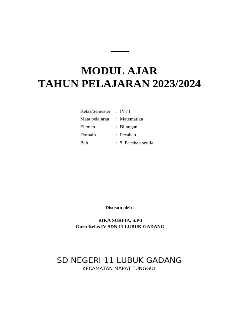 Modul Ajar MTK Kls IV Pecahan - Senilai Oke | PDF
