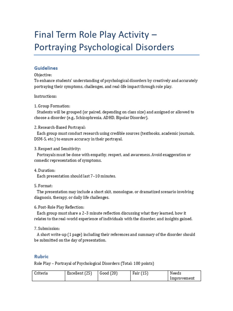 Role Play Guidelines and Rubric | PDF | Mental Disorder | Creativity