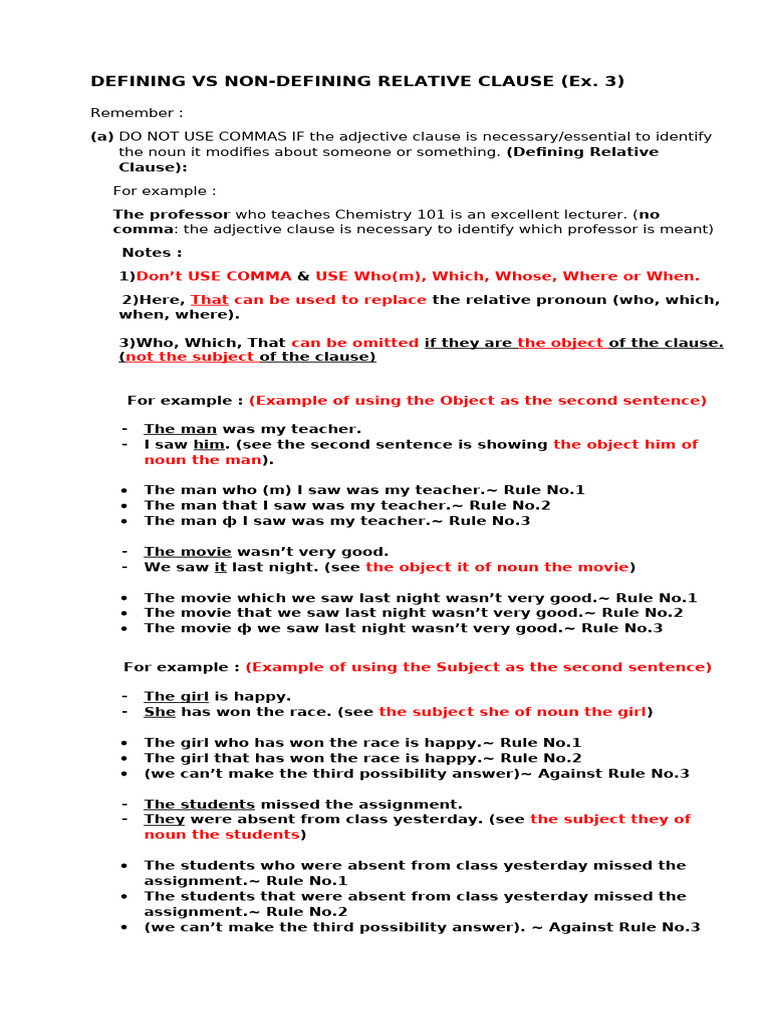 Defining Vs Non Defining Relative Clause Exercise 3 | PDF | Subject (Grammar) | Adjective