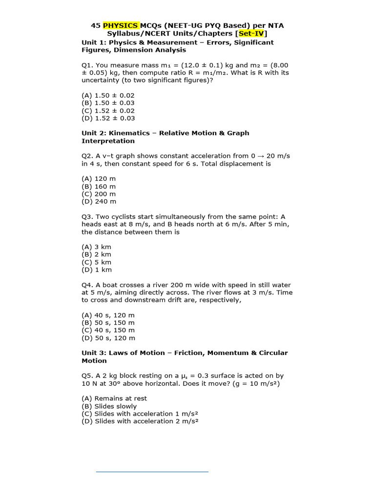 Set IV 45 PHYSICS MCQs PYQ Based Per NTA Syllabus NCERT Units Chapters ...