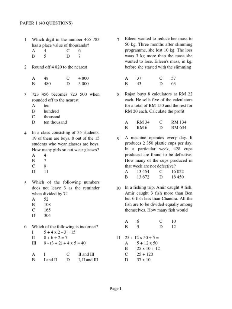 Paper 1 Mid Term Form 1 | PDF | Fraction (Mathematics) | Arithmetic
