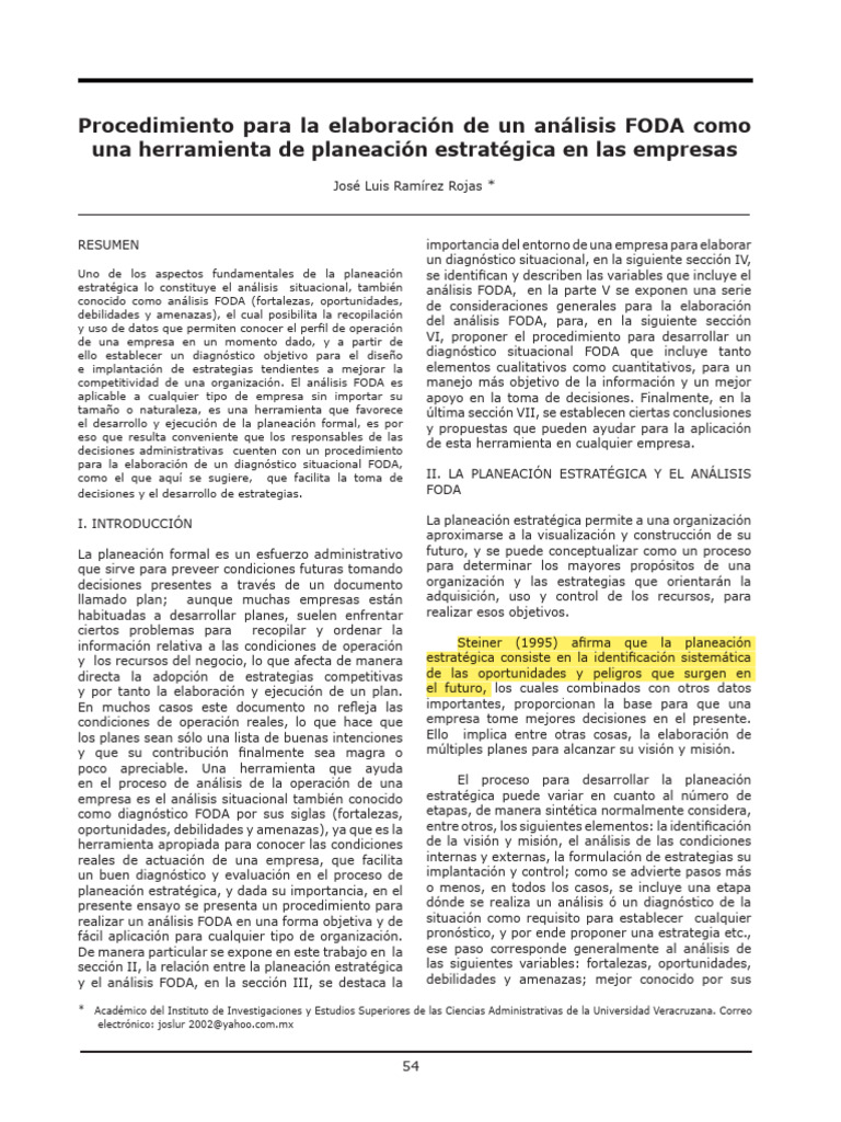 Procedimiento para La Elaboración de Un Análisis FODA Como Una Herramienta de Planeación ...