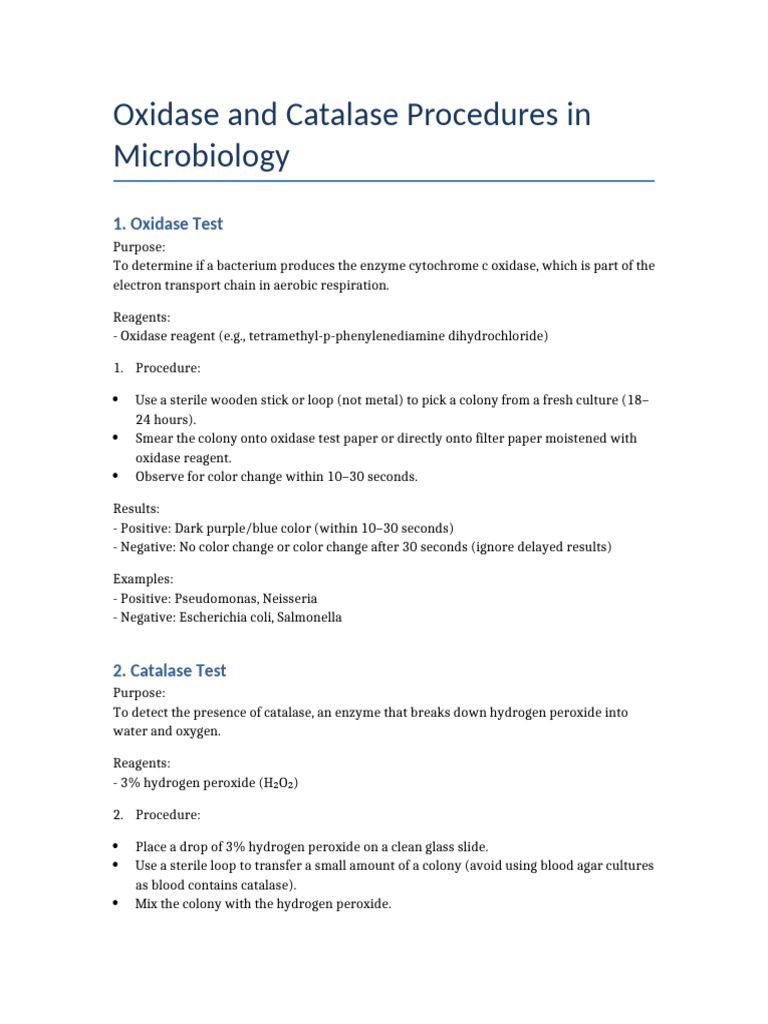 Oxidase and Catalase Procedures | PDF