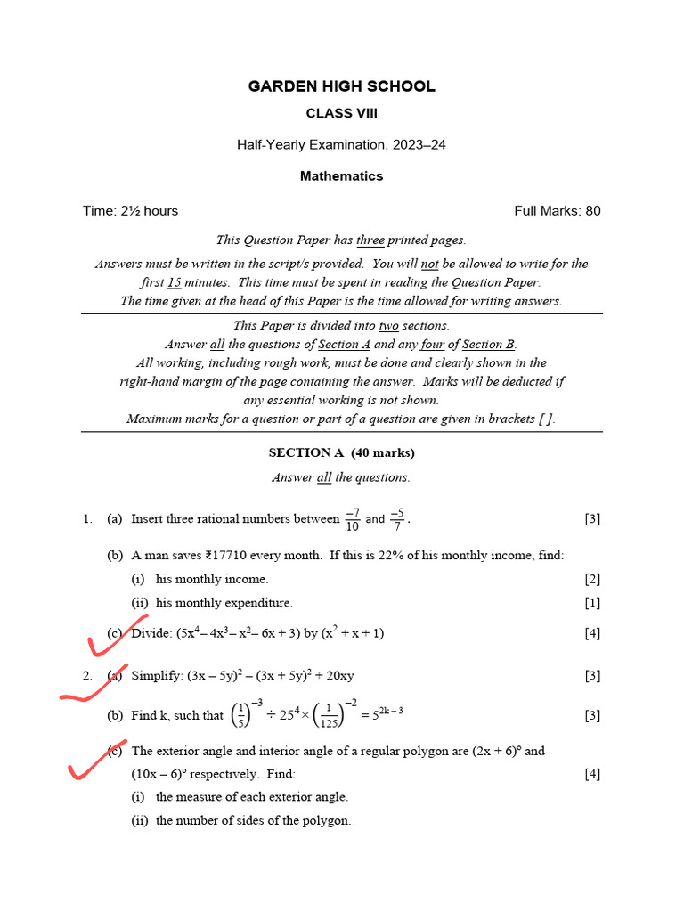 Class VIII Math Half-Yearly Exam 2023-24 | PDF | Geometry | Mathematics